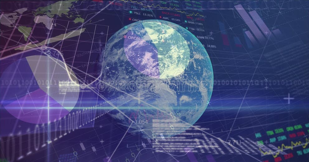 Presenting Globe Rotating in Dark Interface, Showing Pie, Bar and Line Charts with Binary Code ...