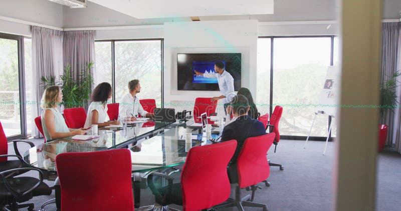 Presenting Professional Pointing at Data Graph on Screen in Meeting ...