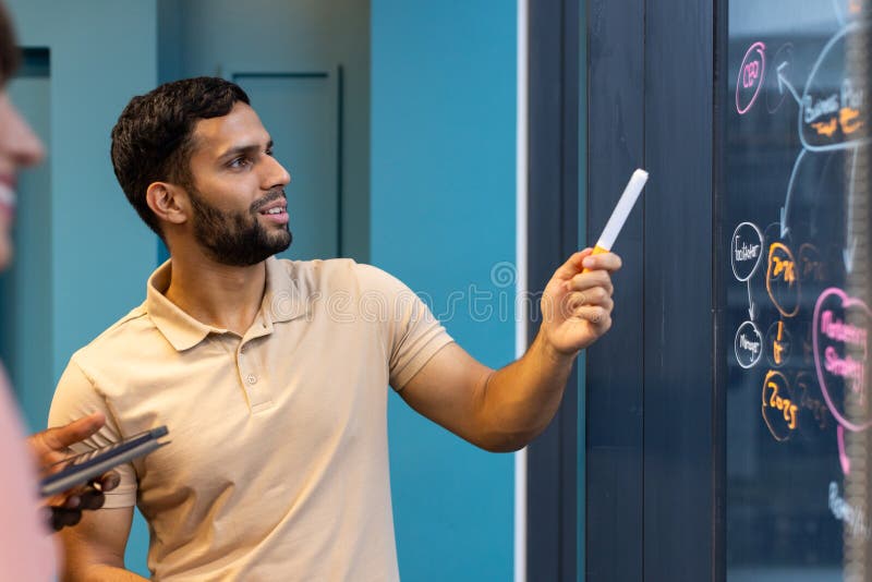 Presenting Project Ideas, Man Pointing at Glass Board with Marker in ...
