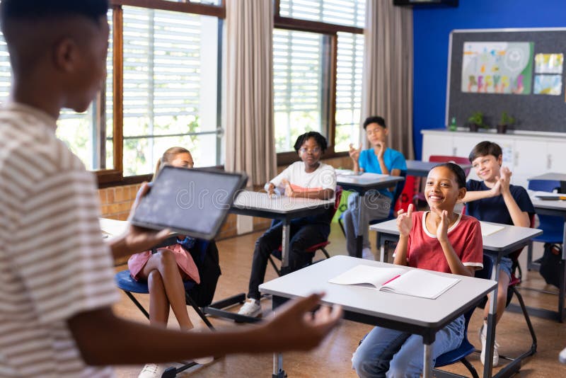 Presenting Project on Tablet, Student Engaging Classmates in School ...