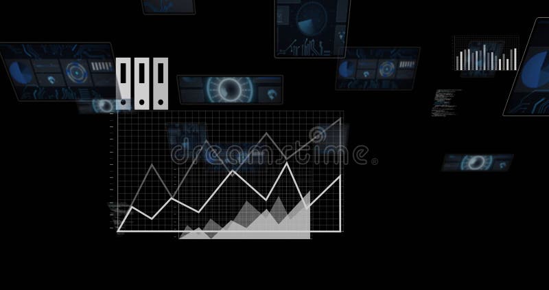 Presenting White Line Chart Rising Over Grid in Dashboard, Grey Area Chart and Floating HUD ...