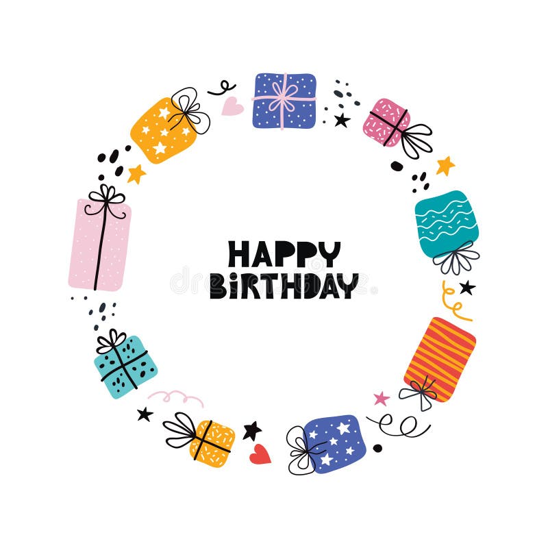 Happy Birthday Round Frame with Gift Boxes. Stock Vector - Illustration ...