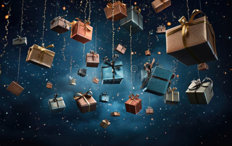 Presents in Shiny Wrapping Falling from the Sky and Hanging from Ropes ...