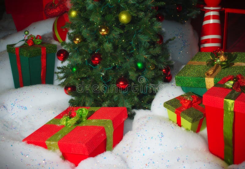 Presents Under Christmas Tree in the Snow Stock Photo - Image of ...