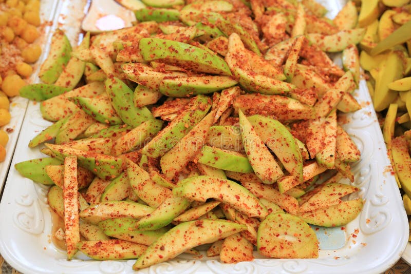 Preserve Mango Fruit Spicy, Sprinkle with Sugar, Chili Powder and Salt ...