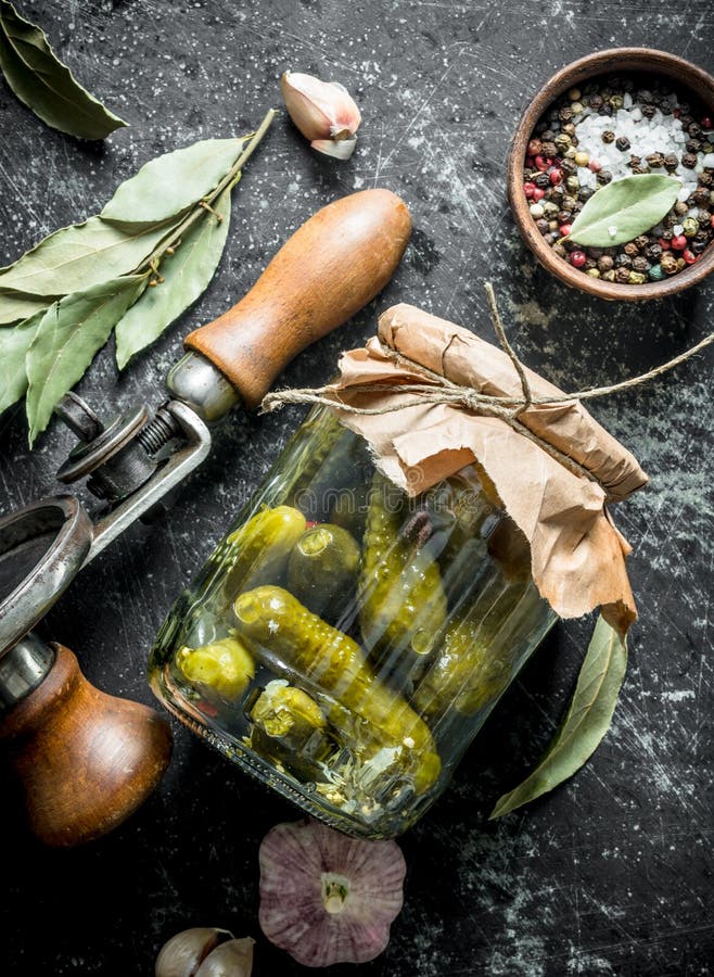 Preserved Cucumbers with Spices, Bay Leaves and Garlic Stock Photo ...