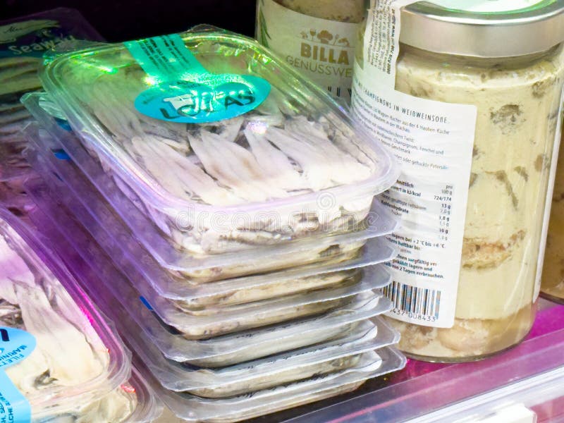 Preserved Fish Stacks in Grocery Store Display Fridge Editorial Photo ...