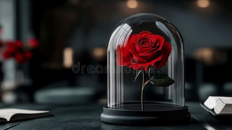 Preserved Red Rose Flower Under Glass Dome on the Table Stock Video ...