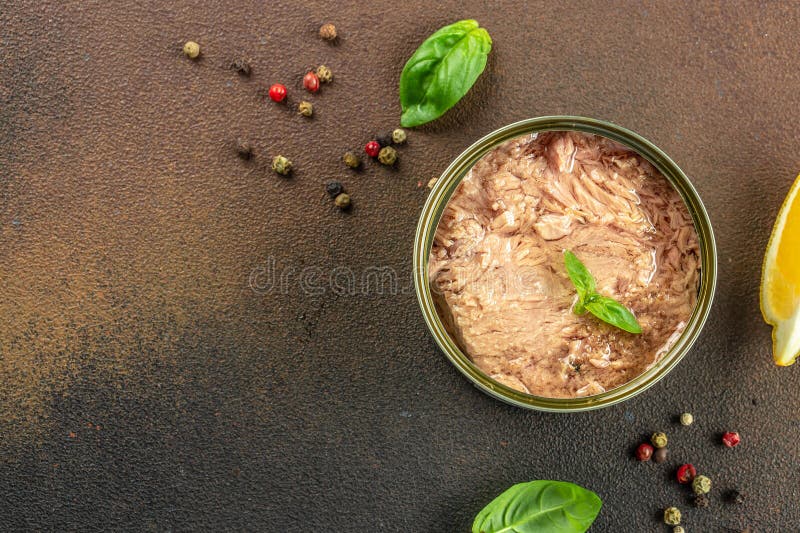 Preserved Tuna Meat on a Dark Background. Place for Text, Top View ...