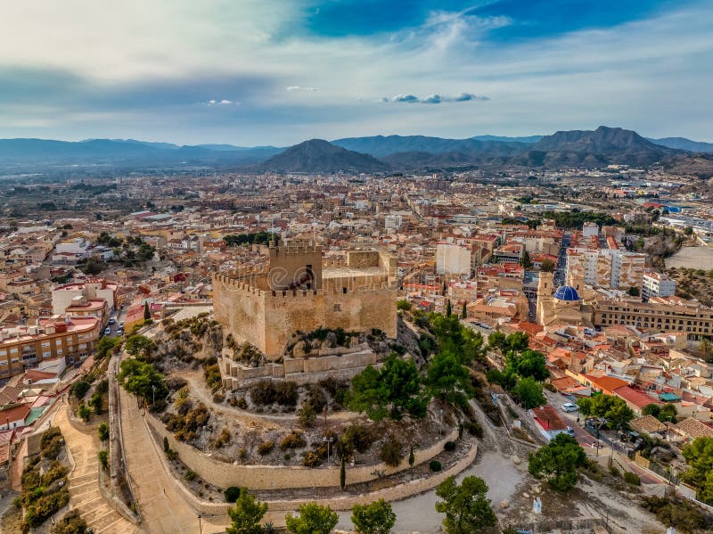 Aerial View of Petrer, Medieval Town and Hilltop Castle with Restored ...