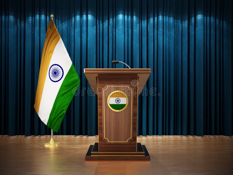 Press Conference with Flags of India and Lectern Against the Blue ...
