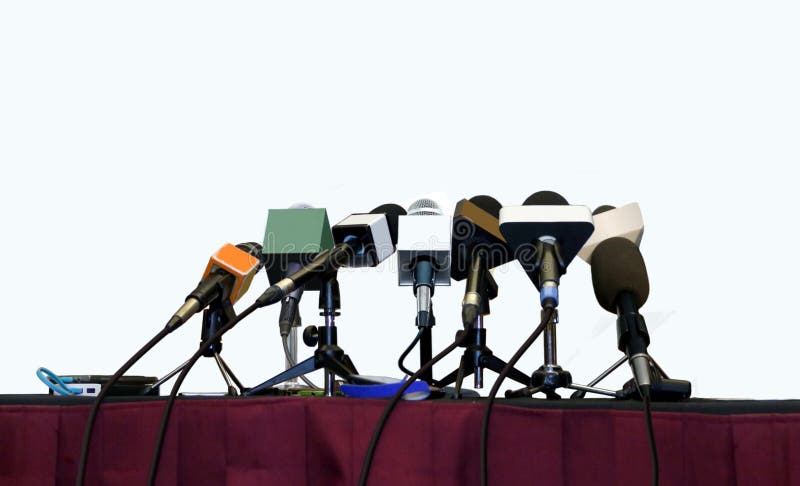 Microphones during Press Conference Stock Photo - Image of seminar ...