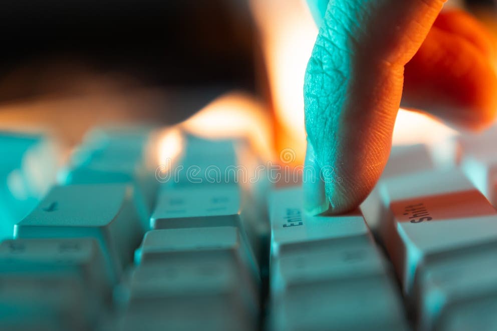 Press Enter Button on a Keyboard with Orange and Teal Light Stock Image ...