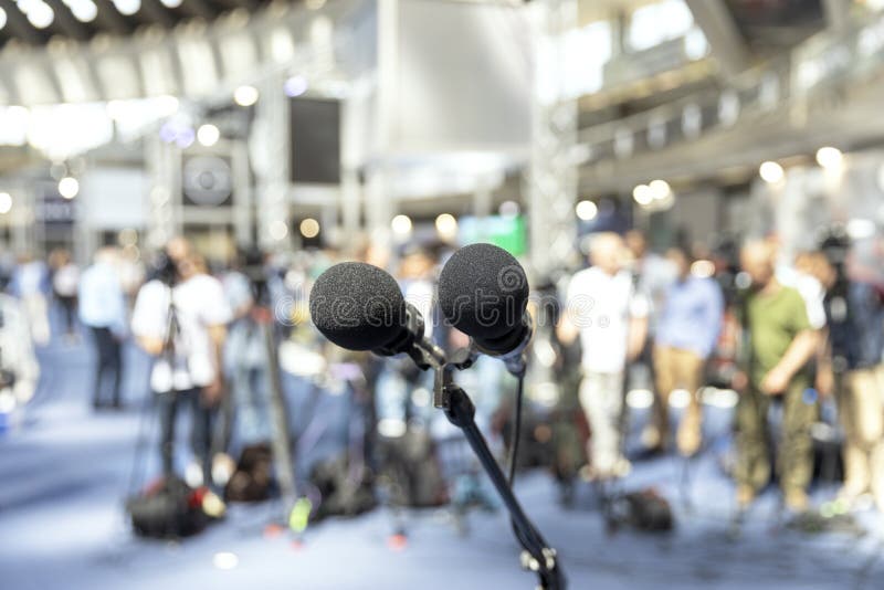 Press or News Conference, Microphone in Focus at Media Event Stock ...