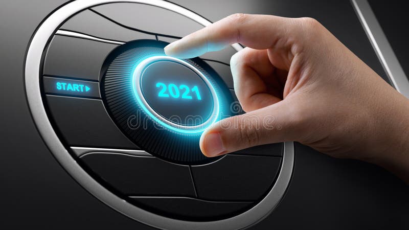2021 - Press the Start Button. Concept of the New Year. 3D Illustration ...