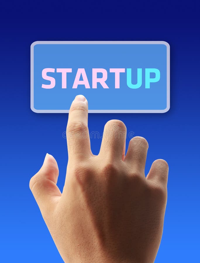 Startup Button on a Virtual Screen Touched by a Businessman Stock Image ...