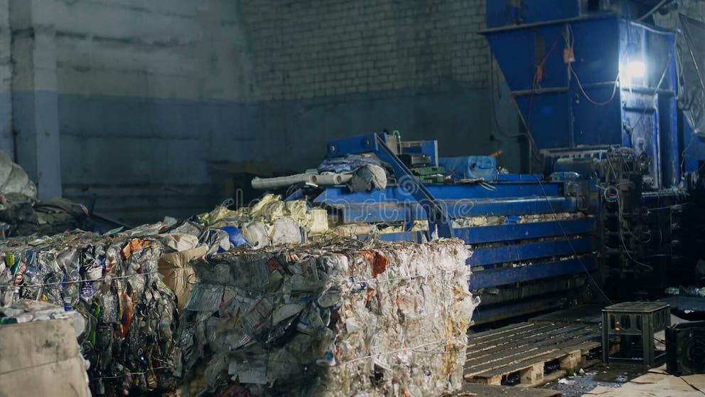 Press at Waste Recycling Plant for Pressing Plastic and Cardboard Waste ...