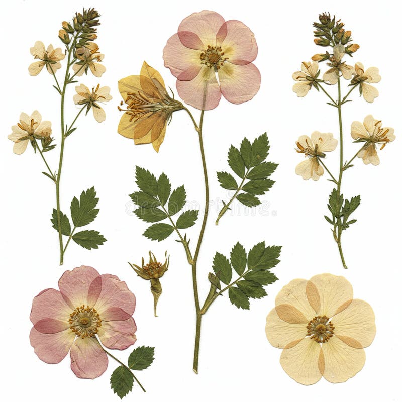 Pressed Flowers are Displayed Against a White Background. among Them ...