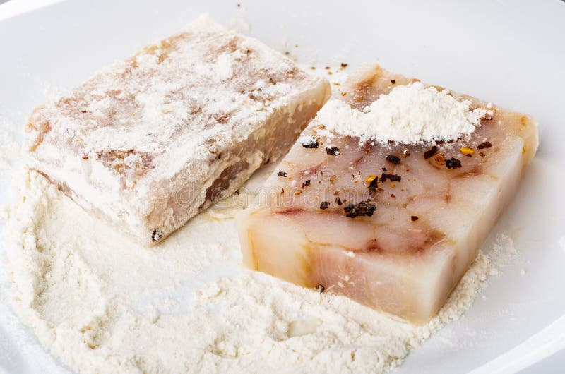 Pressed Pieces of Pollock Fillet in Flour with Condiment on Dish Stock ...
