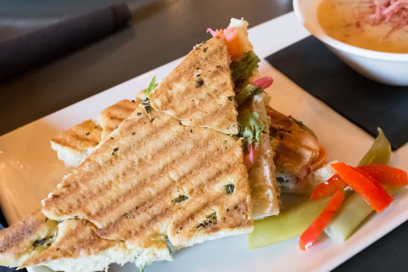 Pressed Toasted Panini Sandwich Stock Image - Image of food, panini ...