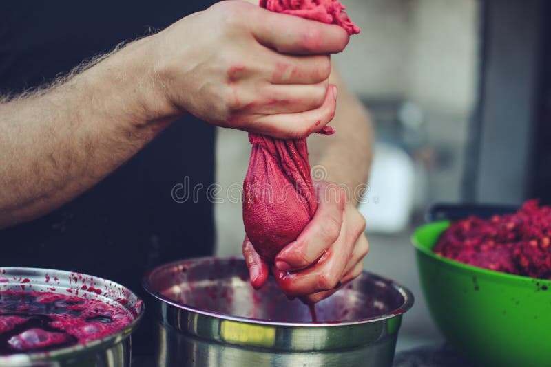 Pressing Cherries for Red Sweet Vine Stock Image - Image of hand ...