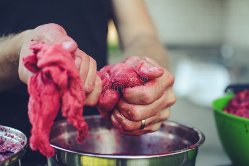 Pressing Cherries for Red Sweet Vine Stock Photo - Image of making ...