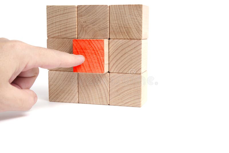 Pressing Red Button Wooden Cube with Your Finger. Stock Image - Image ...