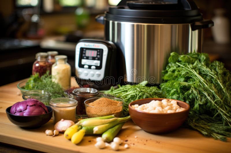 Pressure Cooker with Healthy Meal Ingredients Inside Stock Illustration ...