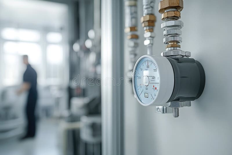 Pressure Gauge Measuring Industrial Process with Scientist Working in ...