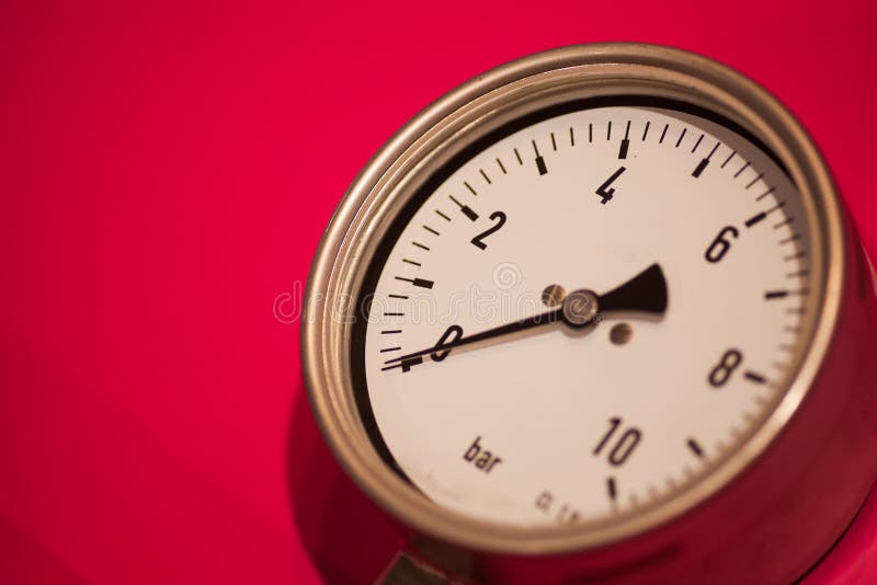 Pressure Gauge on Red Background Stock Photo - Image of scale, macro ...