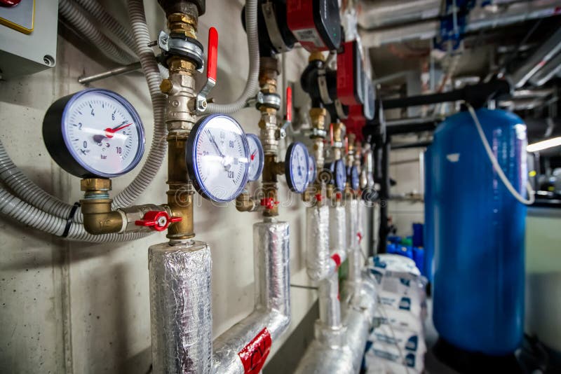 Pressure Sensor in an Industrial Boiler Room. Barometer in the Heating ...