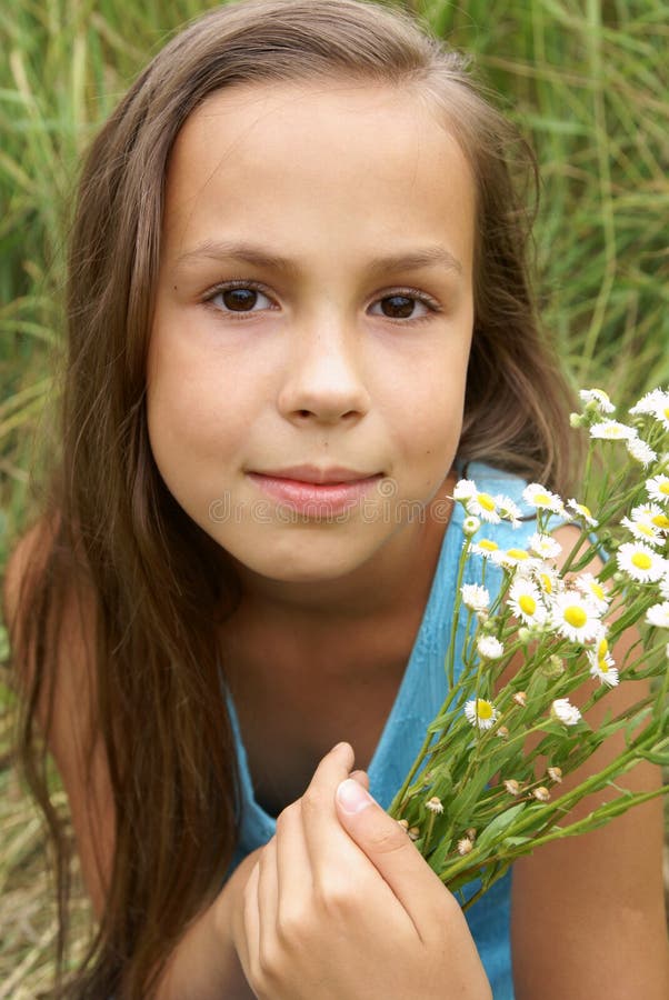 Preteen Girl on Grass Background Stock Photo - Image of little, freedom ...