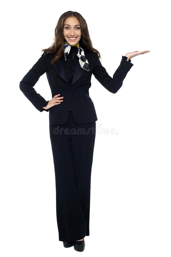 Pretty Air Hostess Presenting Copy Space with Open Palm Stock Photo ...
