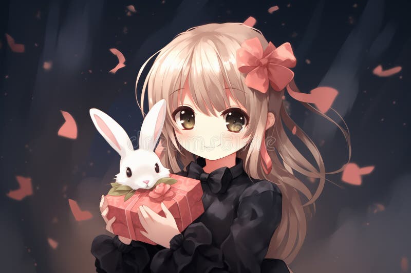 Pretty Anime Girl with Gift Box and Rabbit Stock Image - Image of gift ...