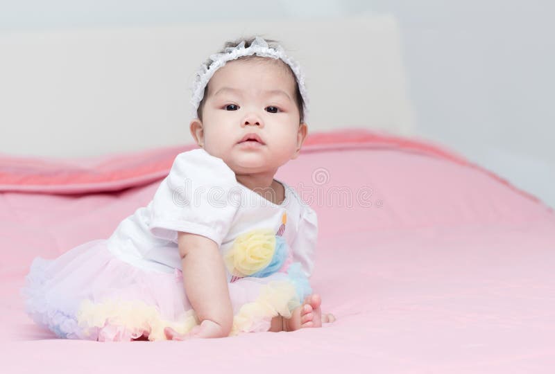 Pretty Baby Sit on Pink Blanket Stock Photo - Image of beauty, sweet ...