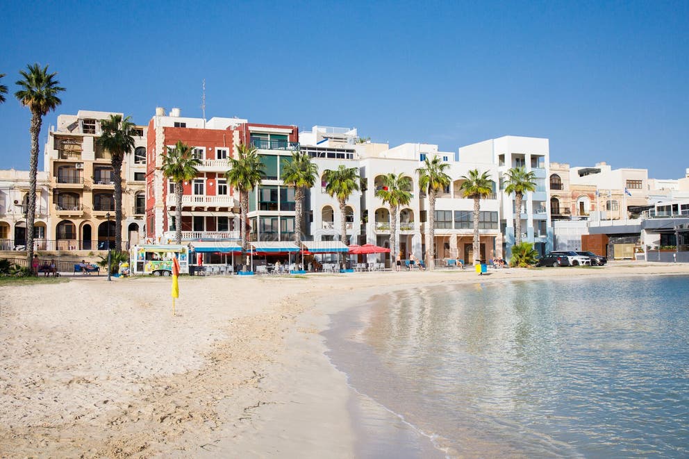 Pretty Bay Beach in Birzebbuga, Malta Panorama Stock Image - Image of ...