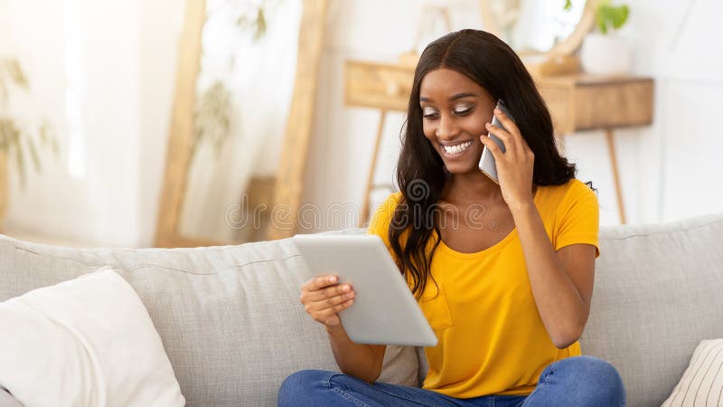 Black Lady Using Tablet Computer for Online Work, Education or ...