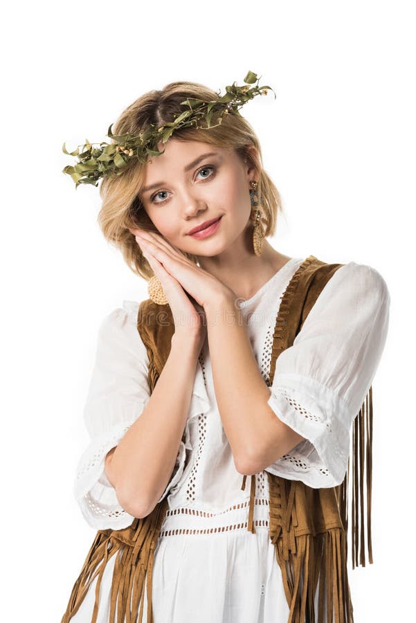 Boho Girl in Wreath Looking at Camera Isolated on White Stock Photo ...