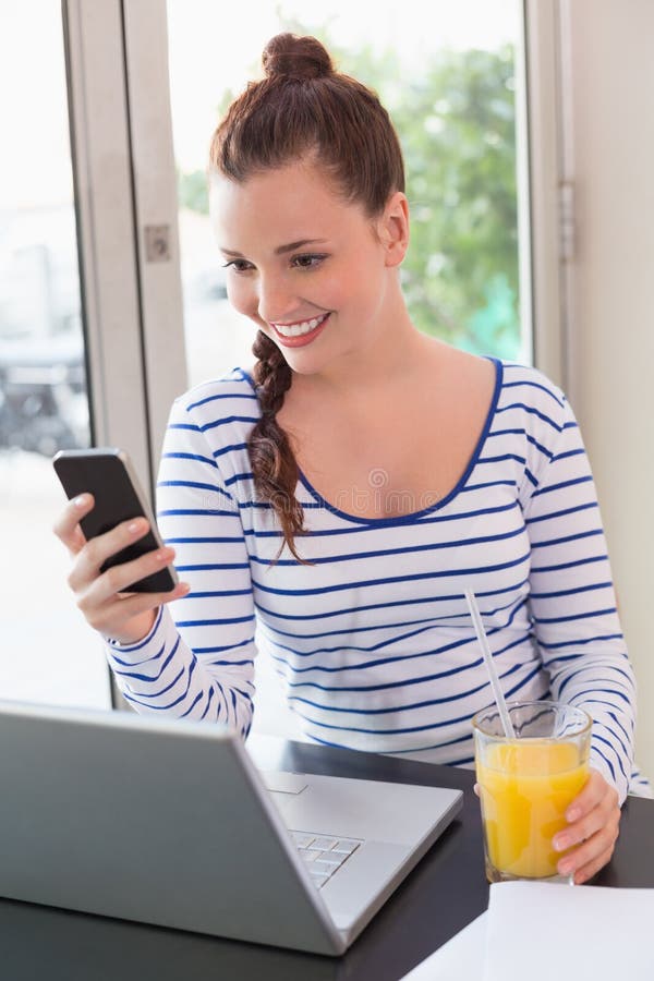 Pretty Brunette Catching Up on Work Stock Photo - Image of girl, food ...