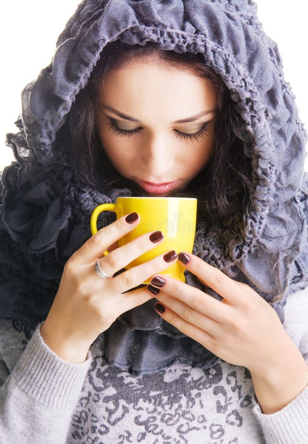 Pretty Brunette with a Cup of Hot Tea Stock Photo - Image of model ...