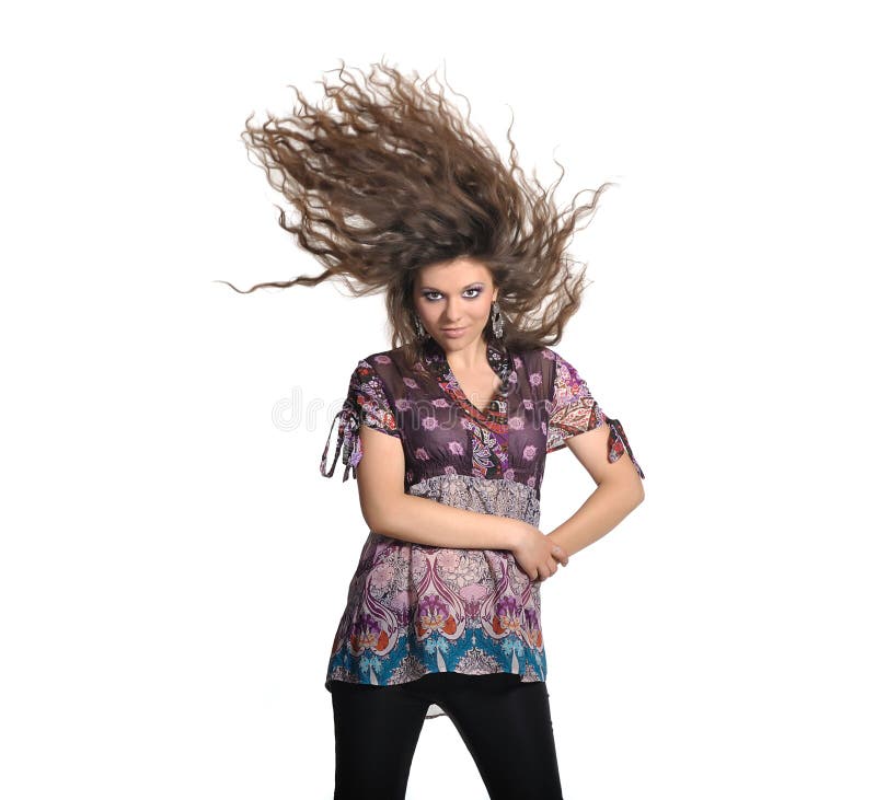 Pretty Brunette with Flying Hair Stock Image - Image of face, curled ...