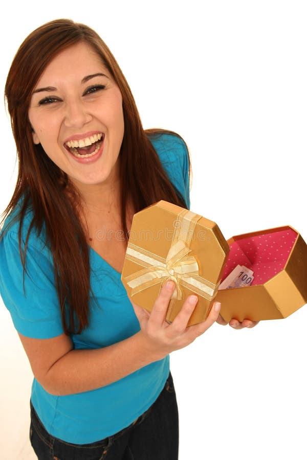 Pretty Brunette Girl with Gift Box Stock Photo - Image of happiness ...