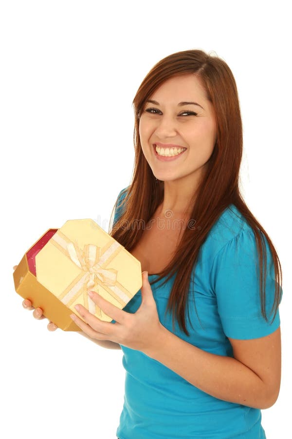 Pretty Brunette Girl with Gift Box Stock Photo - Image of caucasian ...