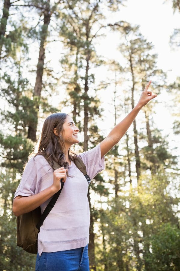 Pretty Brunette Hiker Pointing Far Away Stock Image - Image of escapism ...