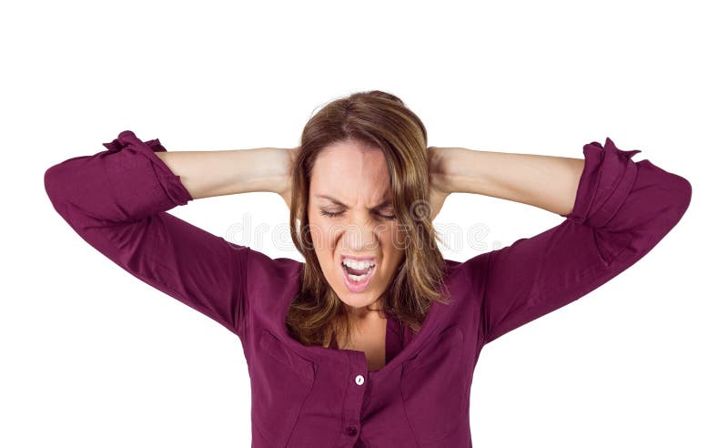 Pretty Brunette Shouting with Hands on Head Stock Image - Image of ...