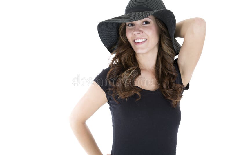 Pretty Brunette Wearing Black T-shirt and Sun Hat Stock Photo - Image ...