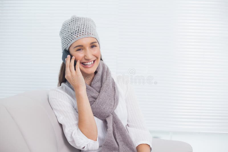 Pretty Brunette with Winter Hat on Having a Phone Call Stock Image ...