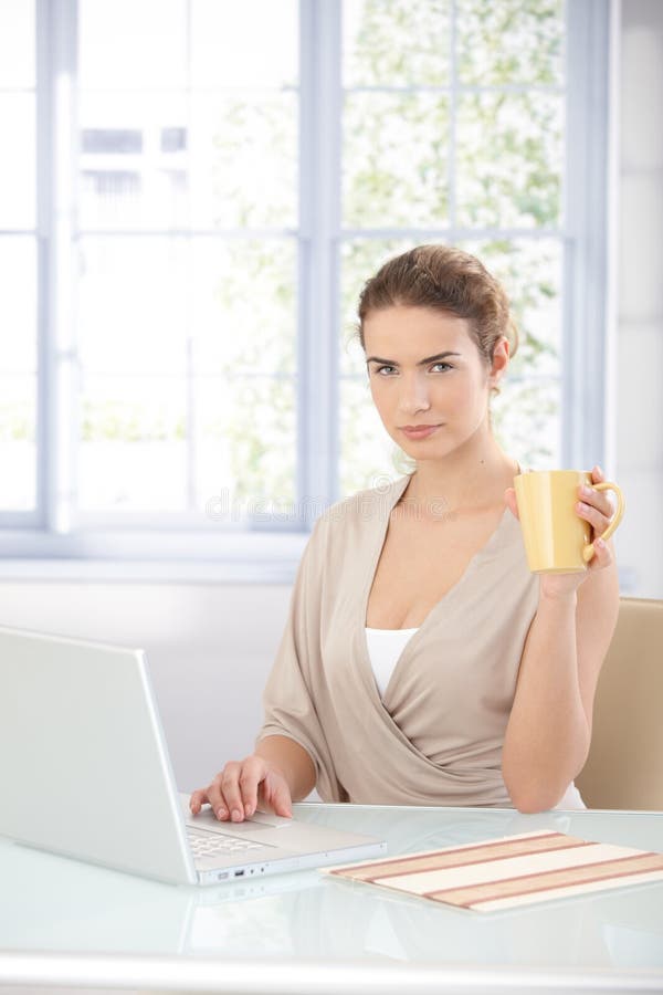 Attractive Girl Using Laptop at Home Smiling Stock Image - Image of ...