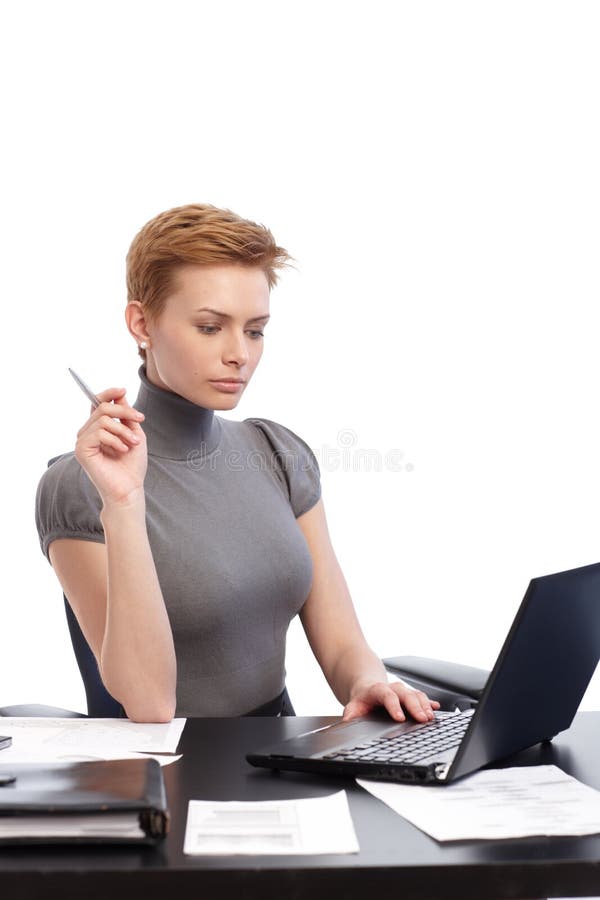 Pretty Businesswoman Working on Laptop Stock Image - Image of collar ...