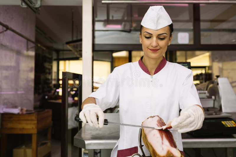 Pretty Butchery Woman Cutting Ham. Stock Image - Image of table, work ...